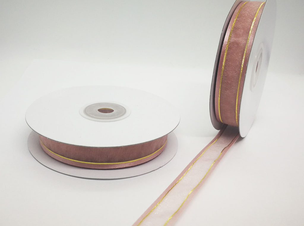 5/8" Satin Edge Organza Ribbon with Gold Line Blush 25 Yards | $4.99