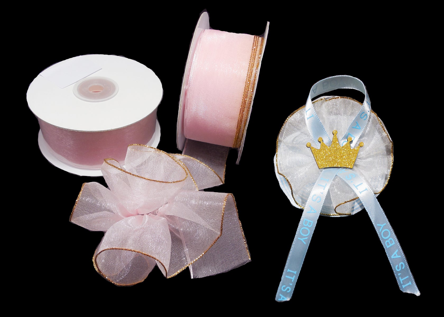 Pink 1-1/2" Sheer Organza Capia Pull Bow Ribbon with Single Gold Edge ...