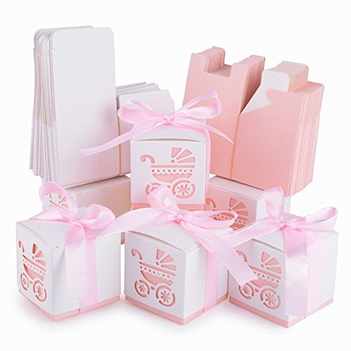 2.3" Cube Paper Favor Box with Pink Ribbon and Baby Stroller Pattern ...
